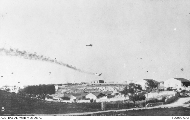 CRETE, 1941. GERMAN PARATROOPERS PARACHUTING ONTO THE ISLAND. (CAPTURED ...