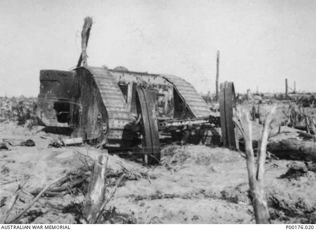 Rear view of a damaged British Mk 1 female tank, believed to be D13 ...