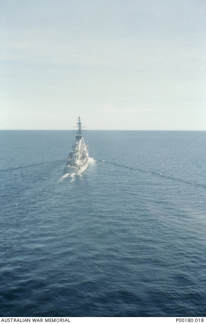 1970-04/05, SOUTH VIETNAM. AN AERIAL VIEW FROM THE REAR OF HMAS HOBART ...