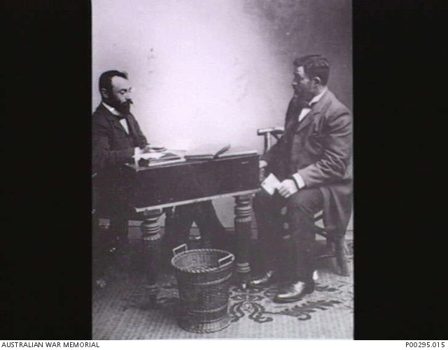 BOER GENERAL DE WET, (ON RIGHT) AND HIS SECRETARY. OLD CAPTION SAYS ...