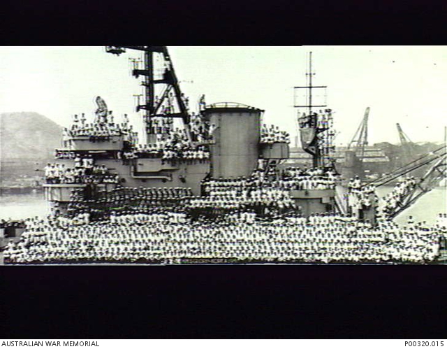 KOREA, 1951. THE WHOLE SHIP'S COMPANY OF THE AIRCRAFT CARRIER HMS GLORY ...