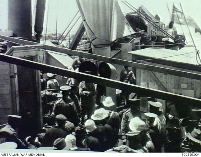 MEN PARADING FOR MESS ABOARD THE HOSPITAL SHIP 'KYARRA', 1914 ...