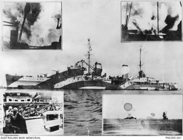 1941, GREECE AND CRETE. A COMPOSITE PHOTOGRAPH OF HMAS PERTH IN ACTION ...