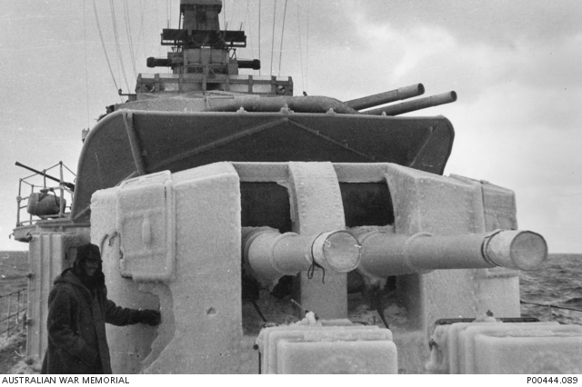 KOREA 1952-08. A HEAVILY-ICED HMAS BATAAN IS SHOWN ON PATROL OFF THE ...