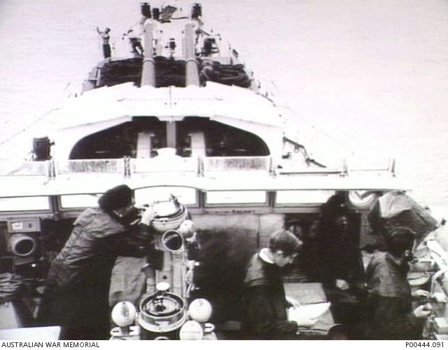 KOREA 1952-08-01. HMAS BATAAN'S OFFICER OF THE WATCH AND OTHER BRIDGE ...