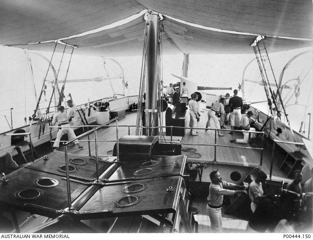 C. 1903. GUNNERY DRILL ON HMAS PROTECTOR'S QUARTERDECK. NOTE ON THE ...