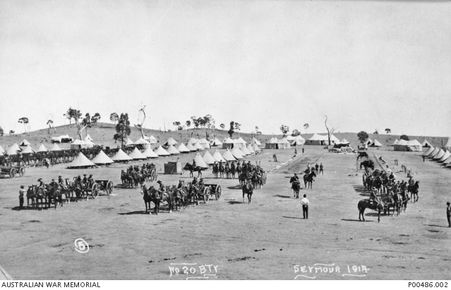 20th Battery, AIF at a training encampment, showing tent and horse ...