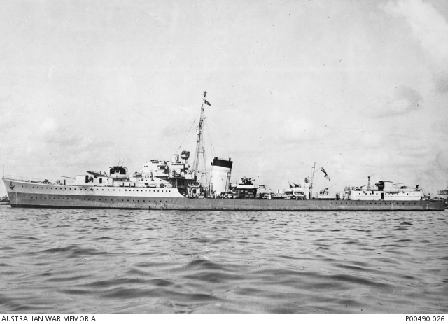 Port broadside view of the N Class Destroyer HMAS Napier, one of the ...