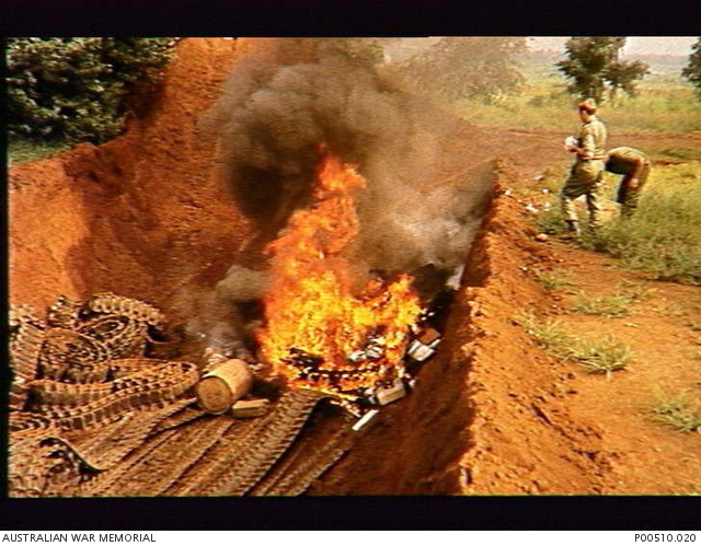 AUSTRALIAN SOLDIERS BURNING WASTE IN THE 3RD CAVALRY REGIMENT LINES ...