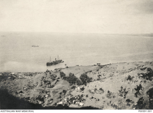 RESERVE GULLY, GALLIPOLI, 1915. VIEW OF THE LANDING PLACE AND SHIP ...