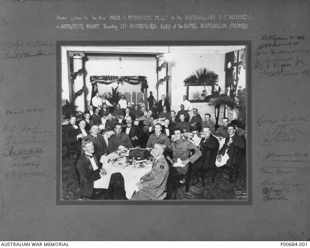 SYDNEY, NSW, 1919-11-11. DINNER GIVEN BY THE HONOURABLE HUGH MCINTOSH ...