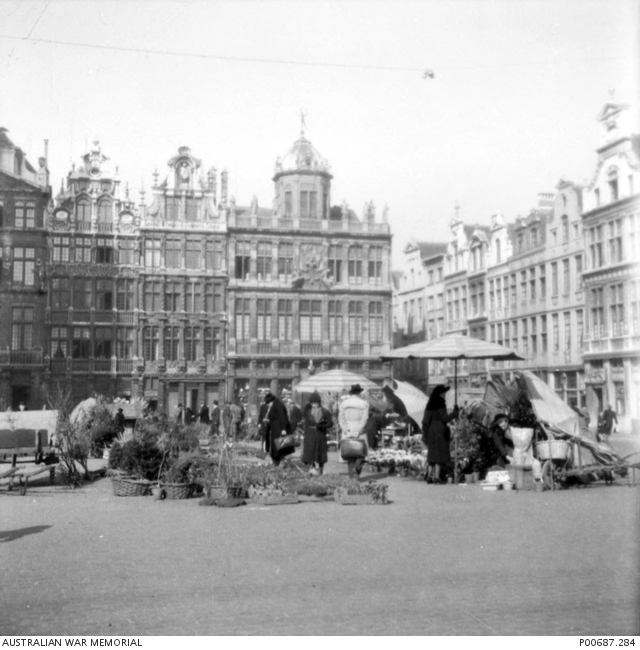 BRUSSELS, BELGIUM, 1945-02. THE GRANDE PLACE, PLANT AND FLOWER MARKETS ...