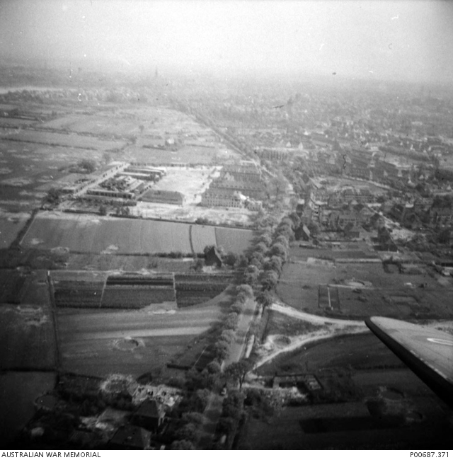 GERMANY, 1945-05-08. V.E. DAY, AERIAL VIEW OF WEHRMACHT BARRACKS ...