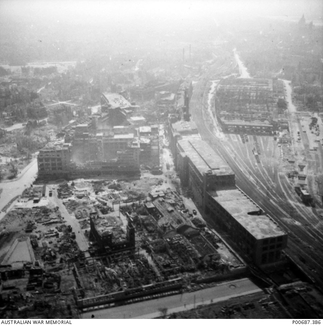 HANOVER, GERMANY, 1945-05-08. V.E. DAY; AERIAL VIEW OF TOWN SHOWING ...