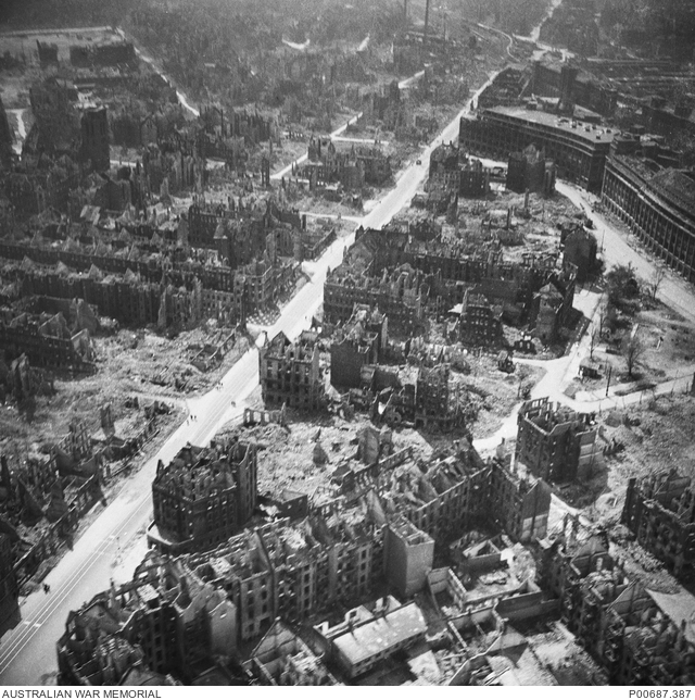 HANOVER, GERMANY, 1945-05-08. V.E. DAY; AERIAL VIEW OF TOWN AND BOMB ...