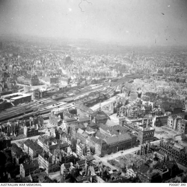 HANOVER, GERMANY, 1945-05-08. V.E. DAY; AERIAL VIEW OF TOWN AND BOMB ...
