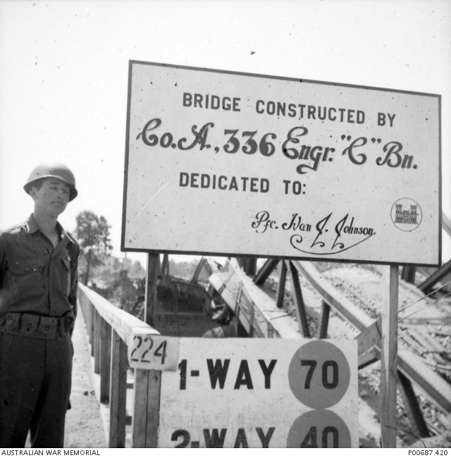 DORSTEN, GERMANY, 1945-05. SIGN ON A BRIDGE BUILT BY AMERICAN ENGINEERS ...