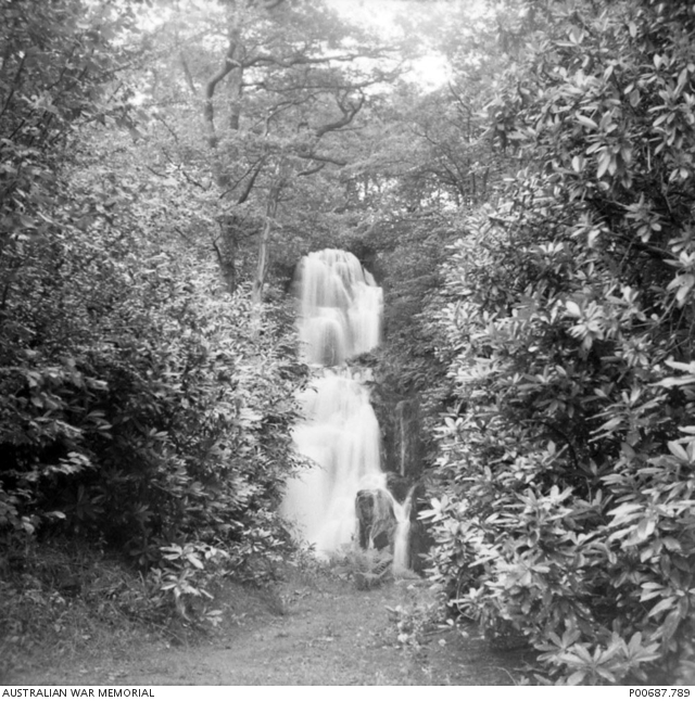 BARROW, ENGLAND, 1945-07. WATERFALL AT BARROW HOUSE IN BORROWDALE ROAD ...