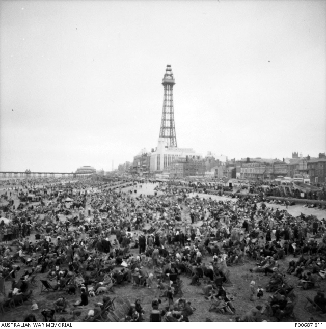 BLACKPOOL, ENGLAND, 1945-07. CROWDED BEACH SCENE AT BLACKPOOL, WITH ...