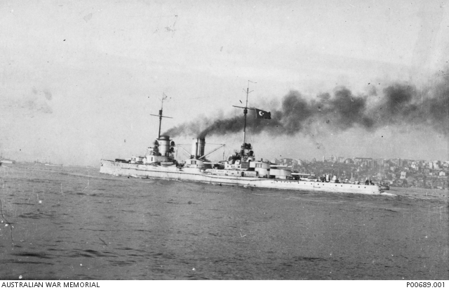 GERMAN-TURKISH BATTLECRUISER "GOEBEN" BEING ESCORTED DOWN THE BOSPHORUS ...