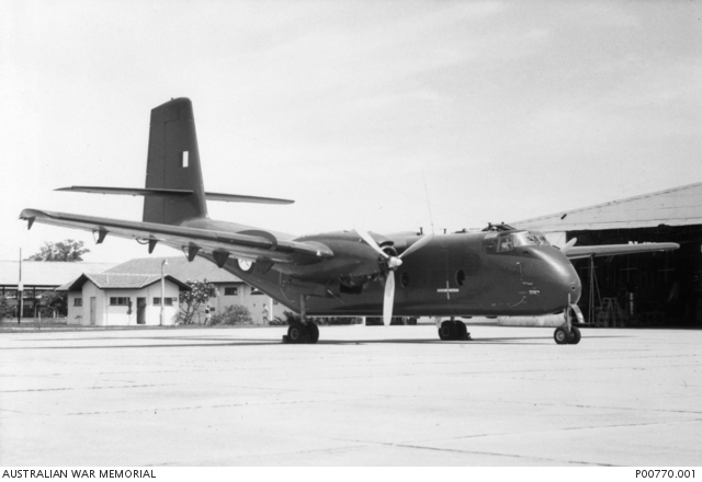 RAAF BUTTERWORTH, MALAYSIA, 1964-04-13. ARRIVAL OF THE FIRST CARIBOU ...