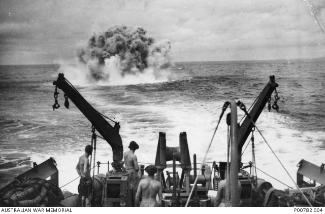 AUSTRALIA, 1944. EXPLODING DEPTH CHARGES, FROM HMAS CASTLEMAINE, OFF ...