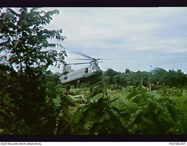 USAF CHINOOK HELICOPTER RESUPPLYING FIRE SUPPORT BASE "DAMPIER" LOCATED ...