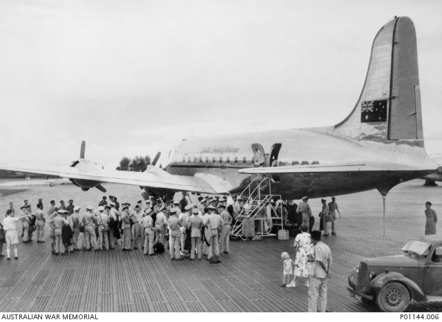 MEMBERS OF NO. 1 SQUADRON RAAF ABOUT TO BEGIN A TOUR OF DUTY IN MALAYA ...
