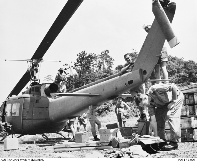 NUI DAT, SOUTH VIETNAM. C. 1970-02. A NO. 9 SQUADRON RAAF IROQUOIS UH ...