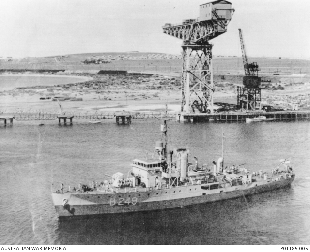 WHYALLA, SA, 1946-01. HMAS PIRIE (B249) LEAVING WHYALLA. IN THE ...