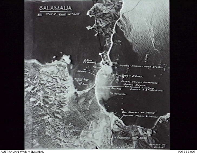 SALAMAUA, NEW GUINEA, 1942-08-20. ANNOTATED AERIAL PHOTOGRAPH SHOWING ...