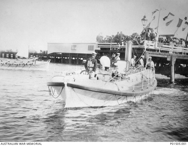 Probably Adelaide. c.1914. A Navy steam pinnace approaches a flag ...