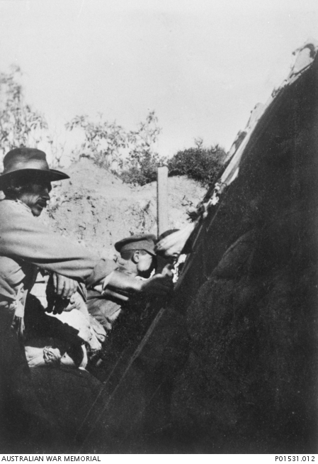 RHODODENDRON RIDGE, GALLIPOLI. 1915. HAND BOMB CATAPULT BEING USED IN A ...