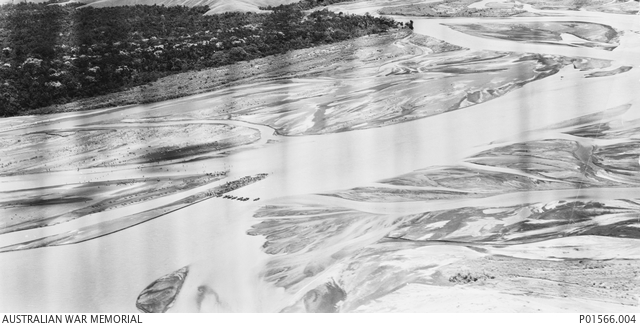 MARKHAM RIVER NEAR NADZAB, NEW GUINEA. 1943-09-05. AERIAL VIEW OF ...