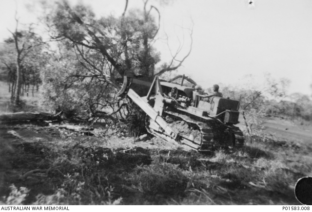 NEWCASTLE WATERS, NT. 1943-02. A BULLDOZER CLEARING SCRUB. MEMBERS OF ...