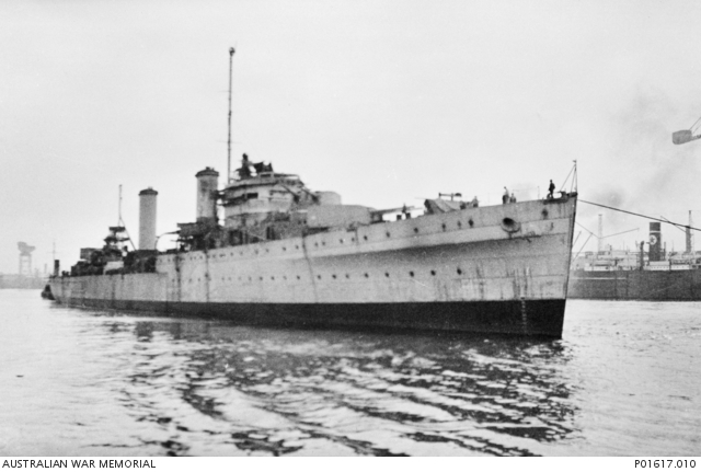 THE LIGHT CRUISER HMAS SYDNEY STILL BEING FITTED OUT IS SEEN HERE BEING ...