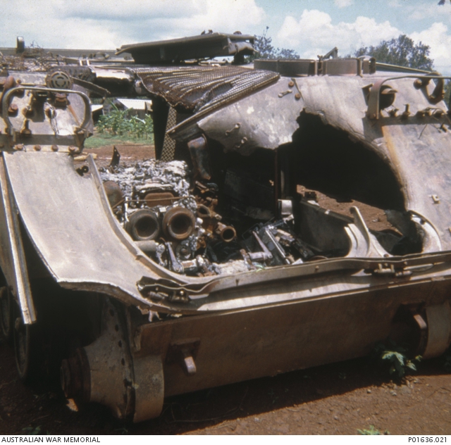 A WRECKED AND BURNED OUT M113A ARMOURED PERSONNEL CARRIER (APC) OF A ...