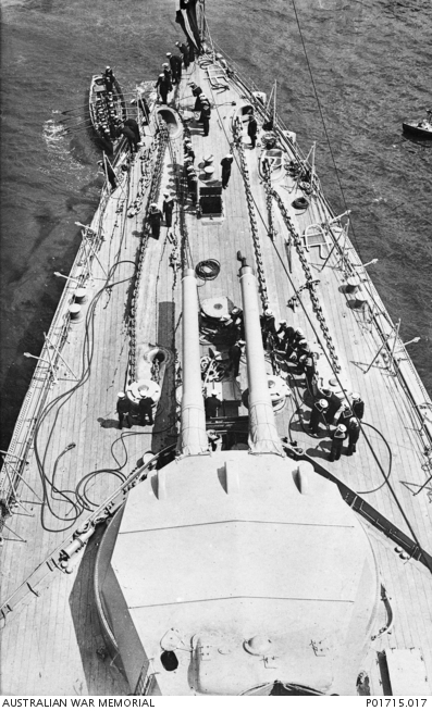 VIEW FROM THE FOREMAST OF THE FORWARD 12 INCH GUN TURRET AND FORECASTLE ...