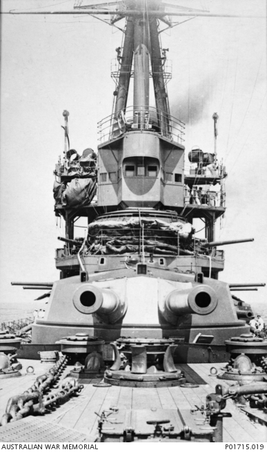 C.1914. THE FORWARD 12 INCH GUN TURRET, CONNING TOWER, BRIDGE AND ...