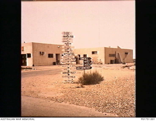 El Gorah, Sinai, Egypt. 1984. Sign post listing Australian towns and ...