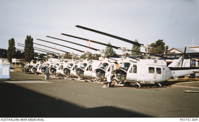 Canberra, ACT. 1984. Line of eight Iroquois helicopters at No. 5 ...
