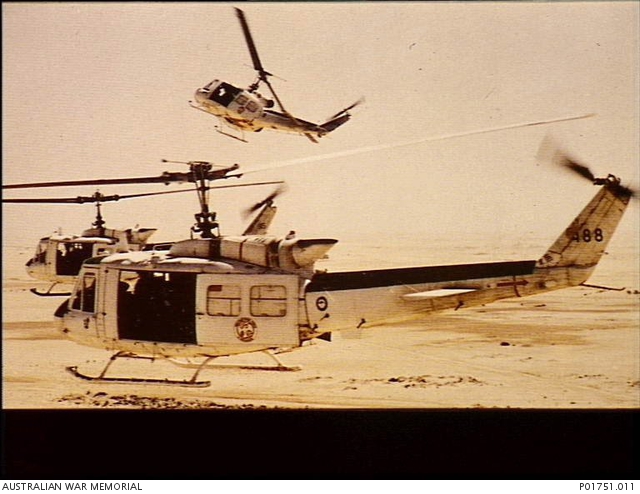 Sinai, Egypt. 1984. Three RAAF UH-1H Iroquois helicopters in flight ...