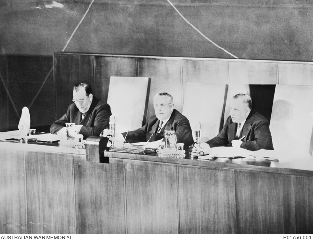 New York, USA. 1949-04-05. Dr Herbert Vere (H. V.) Evatt (centre ...