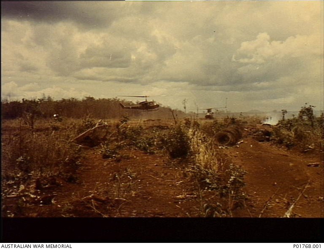 Iroquois UH-I helicopters delivering soldiers and equipment to "Wattle ...