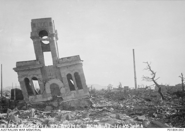 A view of Hiroshima showing the damage to buildings caused by the ...