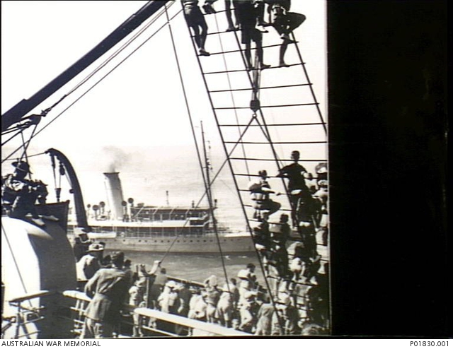 At sea, 1941. Australian soldiers aboard the transport ship "SS ...