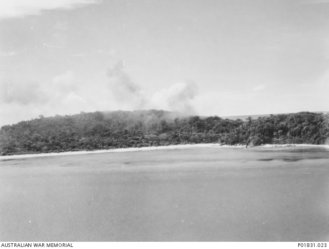 North Brook Island, QLD, c. 1944-02. Low-level aerial view of the ...