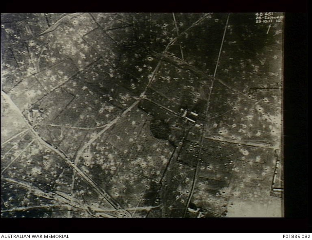 France. 1917-10-29. Aerial photograph of rural terrain over which ...