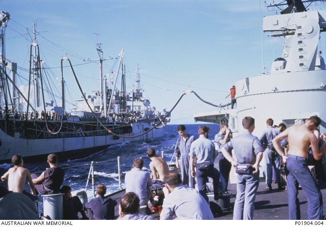 At sea off Vietnam. The after deck of HMAS Hobart II, guided missile ...