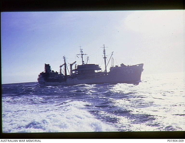 At sea off Vietnam. A US Oiler seen from HMAS Hobart II, guided missile ...